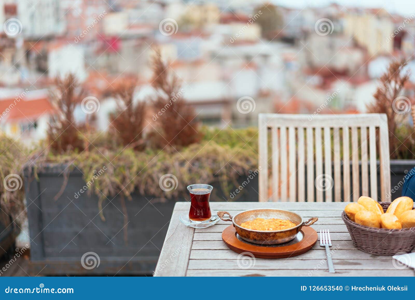 Breakfast on the Veranda in the Background City View Stock Photo ...