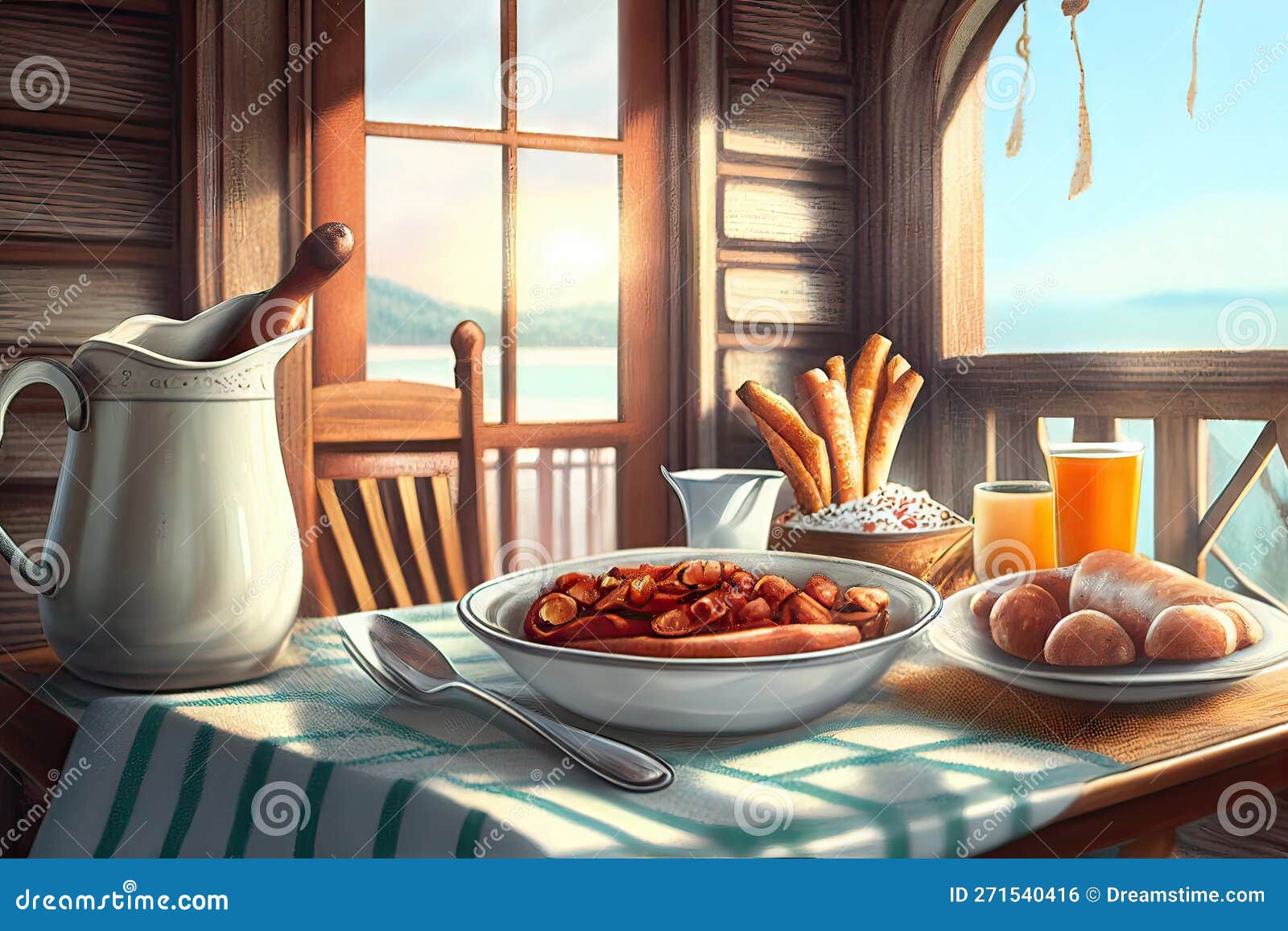 Breakfast on the Veranda by the River. Generative AI Stock Illustration ...