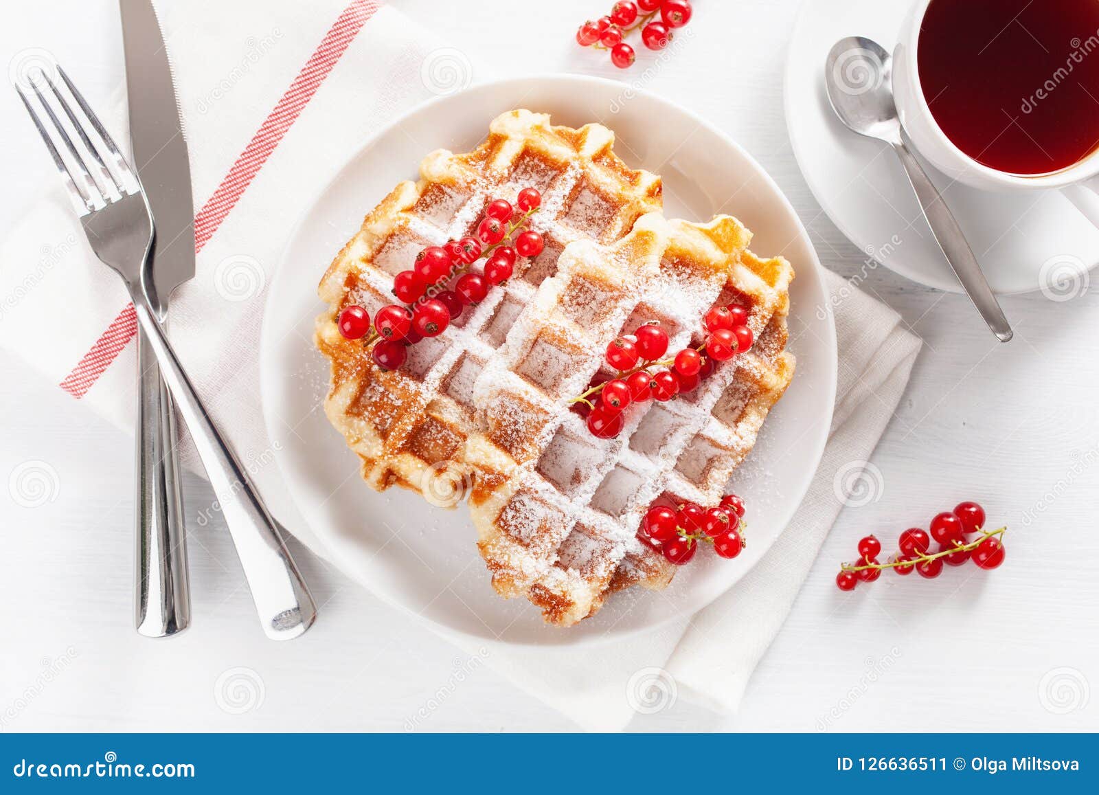 Breakfast with Waffle, Berry and Tea Stock Image - Image of belgian ...