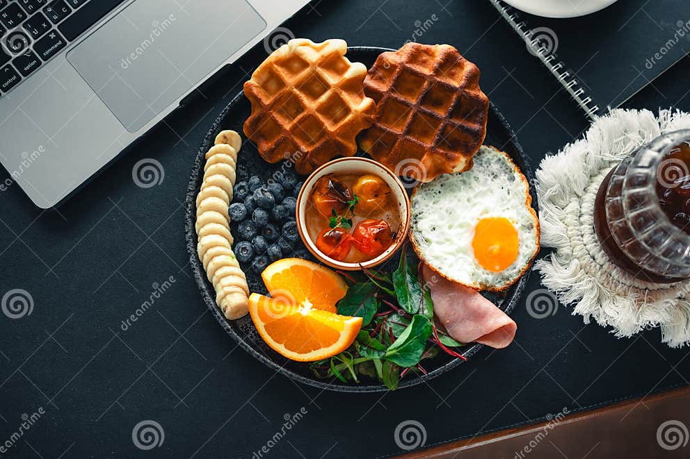 Breakfast Waffles with Fried Eggs Fruit and Ham Stock Image - Image of ...