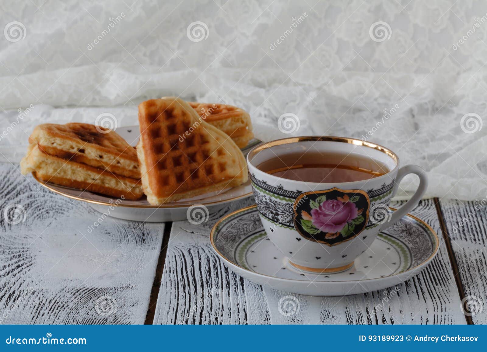 Breakfast with White Cup of Tea with Waffles Stock Image - Image of ...