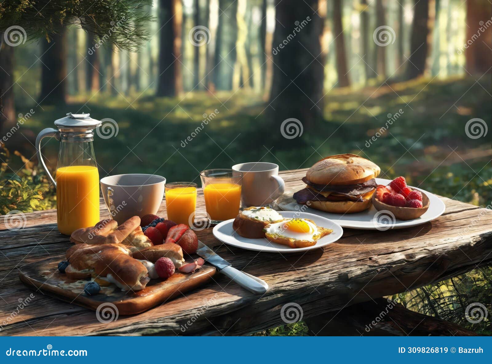 Breakfast on a Wooden Table in the Forest. Fresh Morning Mood Stock ...