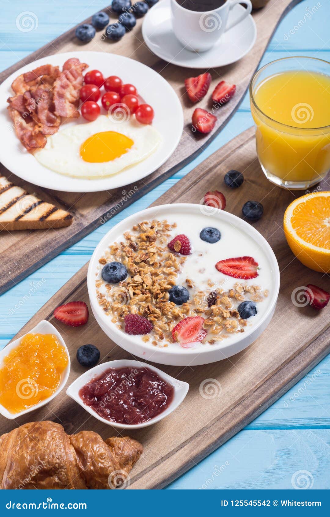 Breakfast on rustic table stock photo. Image of blueberry - 125545542