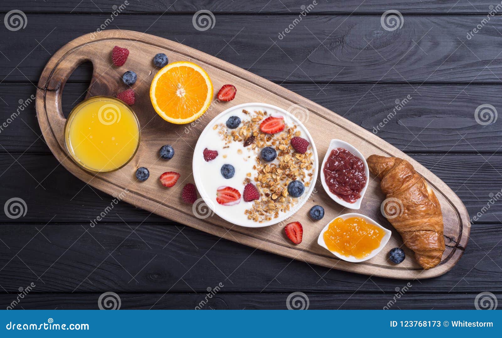 Breakfast on rustic table stock image. Image of muesli - 123768173
