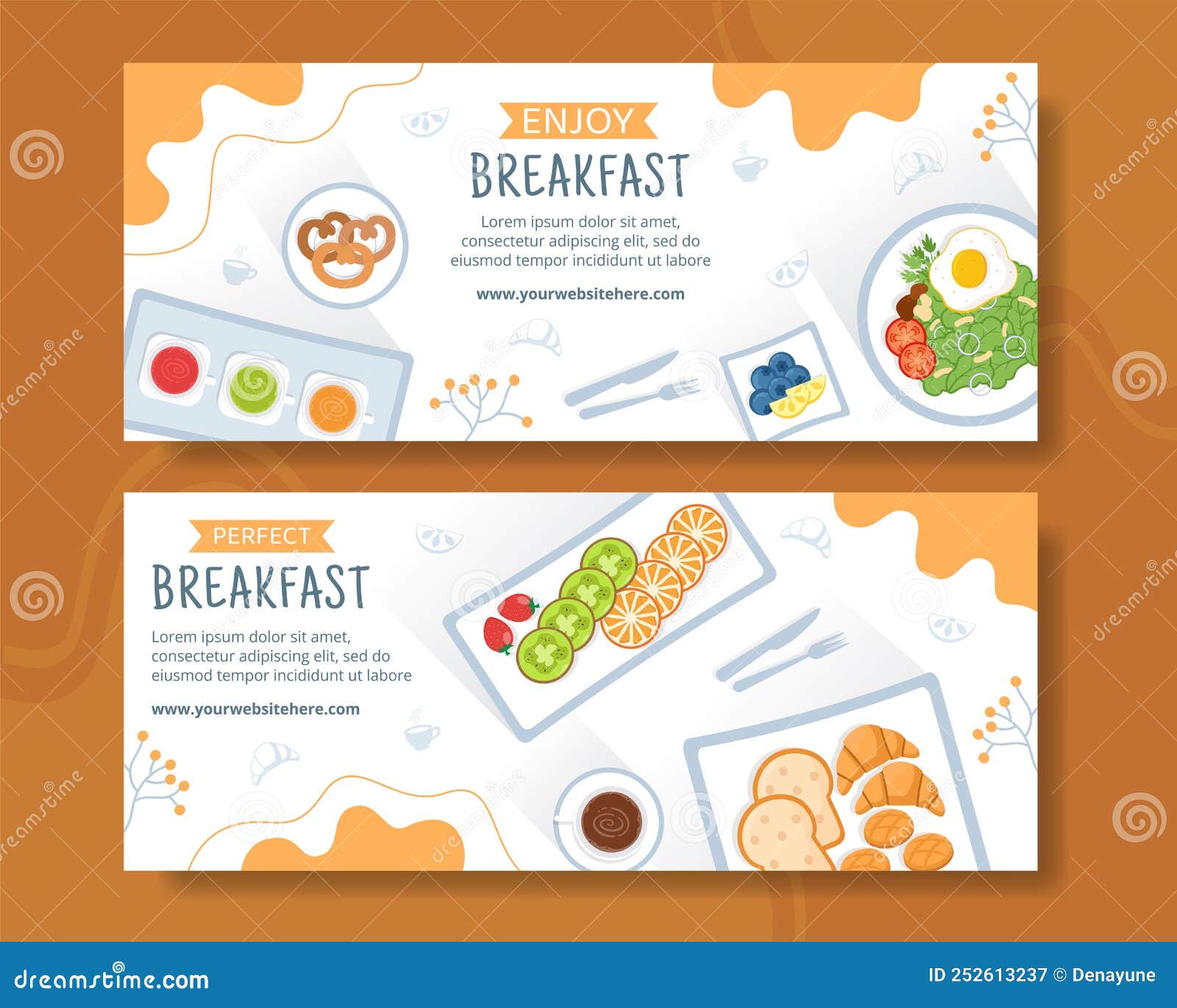Breakfasts Horizontal Banner Template Flat Cartoon Background Vector ...