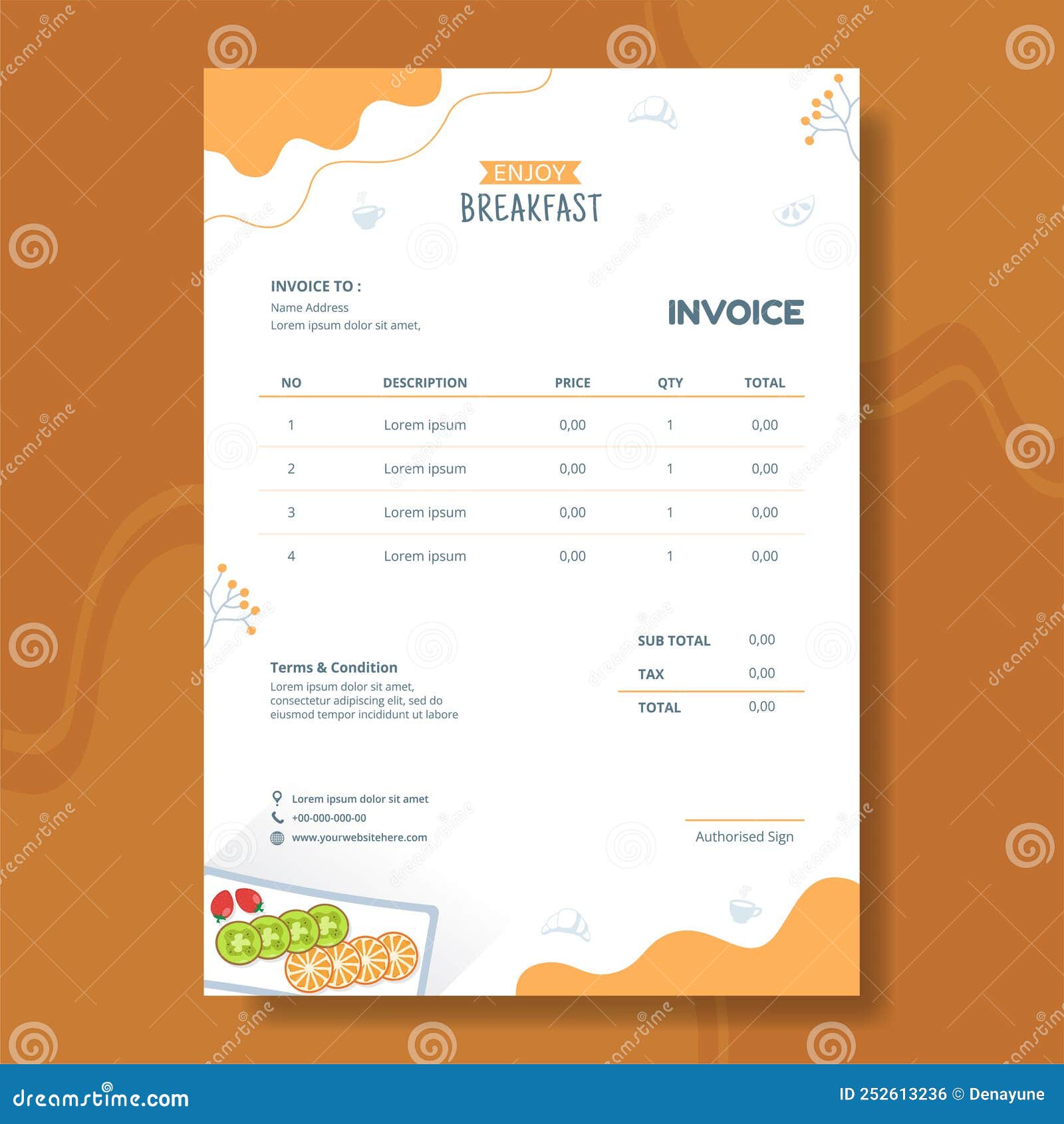 Breakfasts Invoice Template Flat Cartoon Background Vector Illustration ...