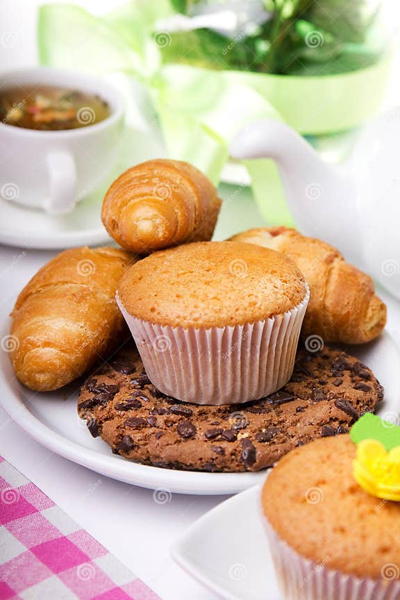 Breakfest with Tea and Fresh Baking Stock Image - Image of muffin ...