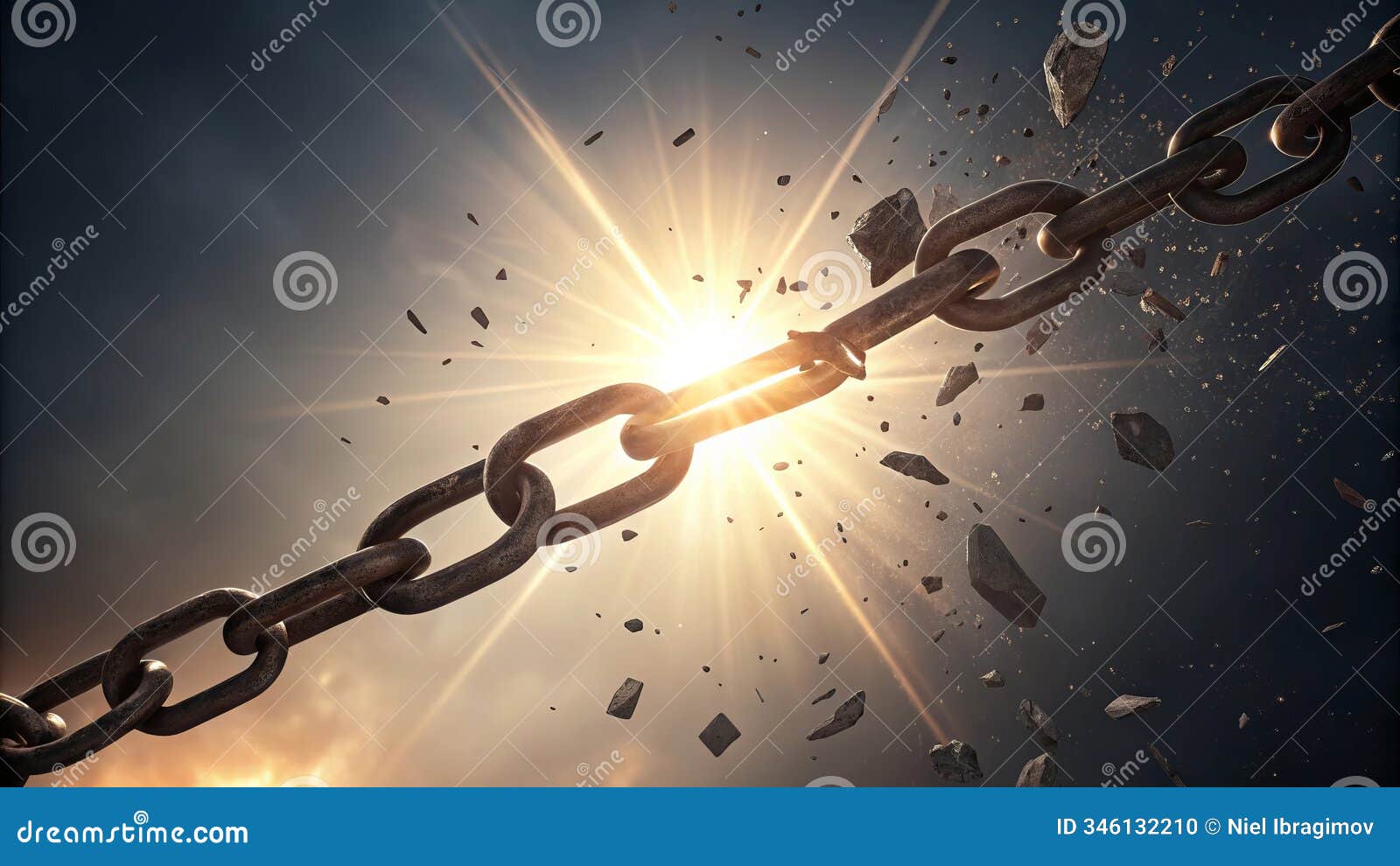 Breaking Chain with Dramatic Sunburst and Flying Debris Stock Photo ...