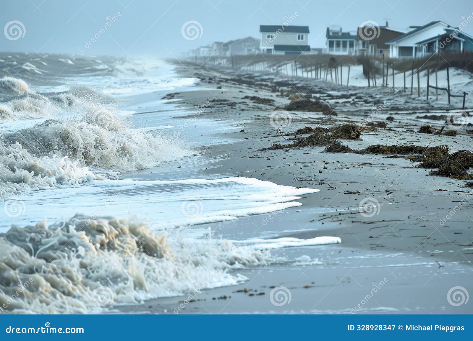 Breaking Ocean Waves Wash Away the Beach during a Storm Surge Stock ...