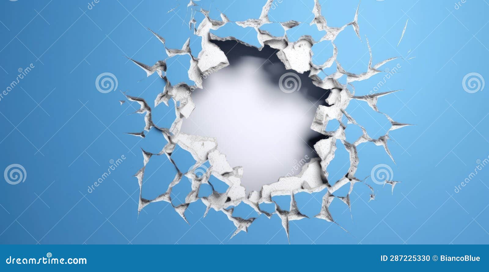 Breaking Out of a Hole in Solid Blue Wall, Torn Hole, Empty Copy Space ...