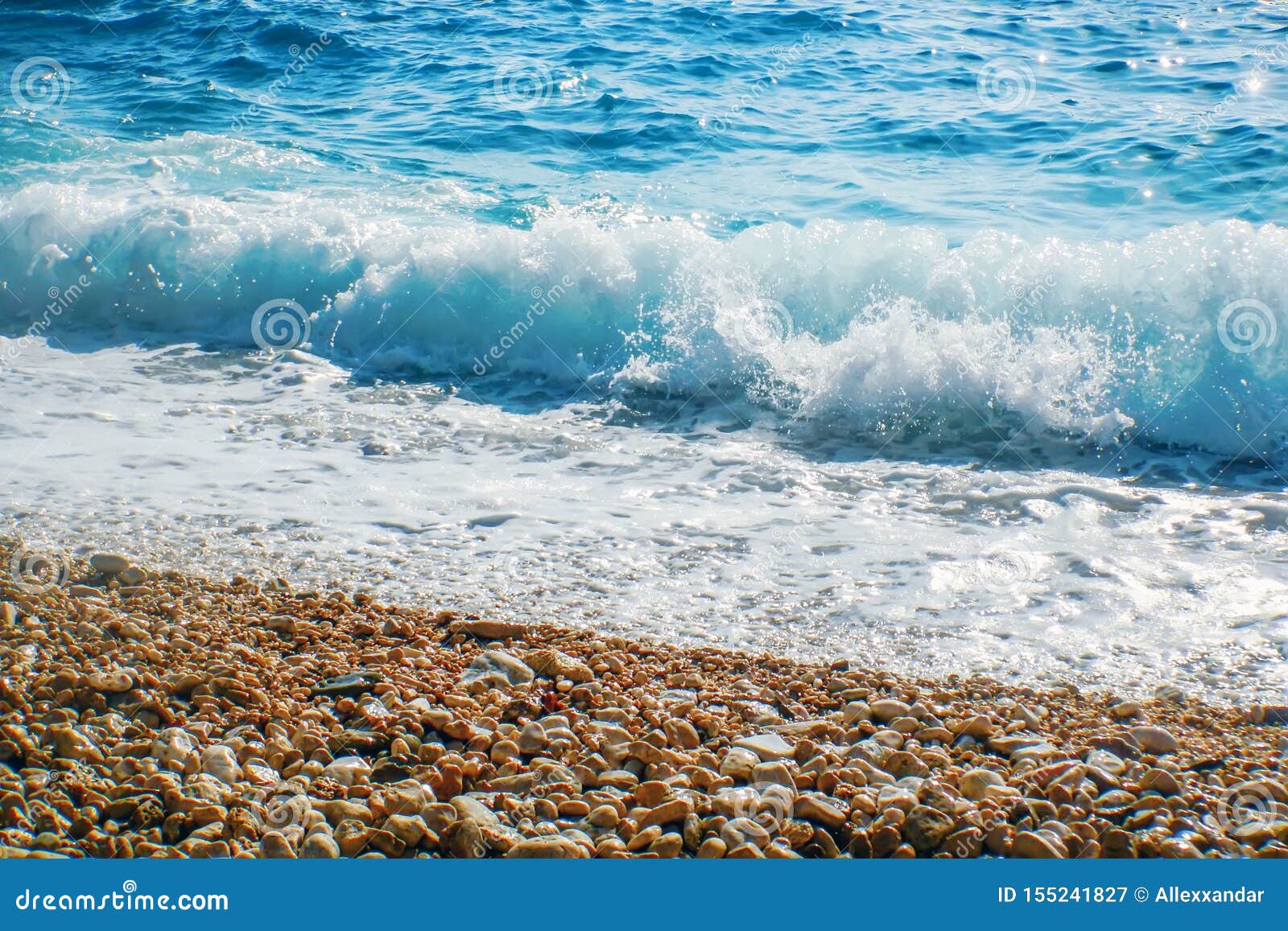 Breaking Wave of Blue Ocean on Pebbles Beach Summer Background Stock ...