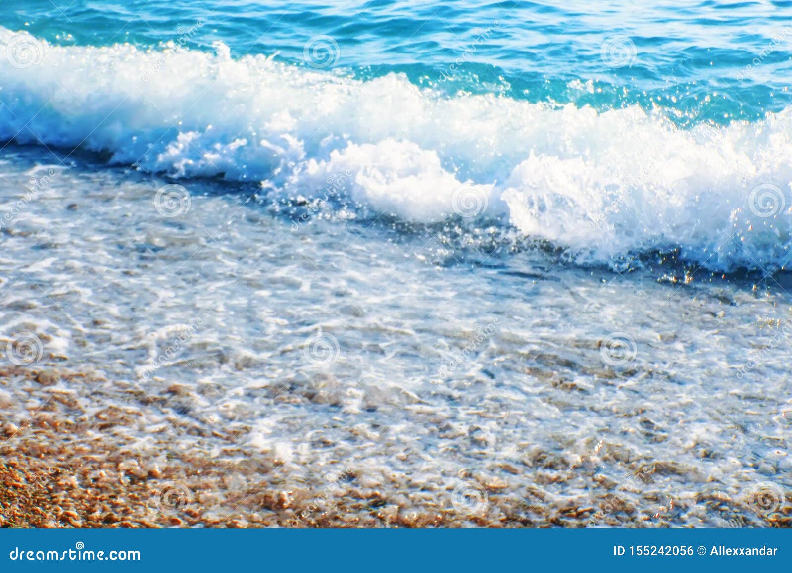Breaking Wave of Blue Ocean on Pebbles Beach Summer Background Stock ...
