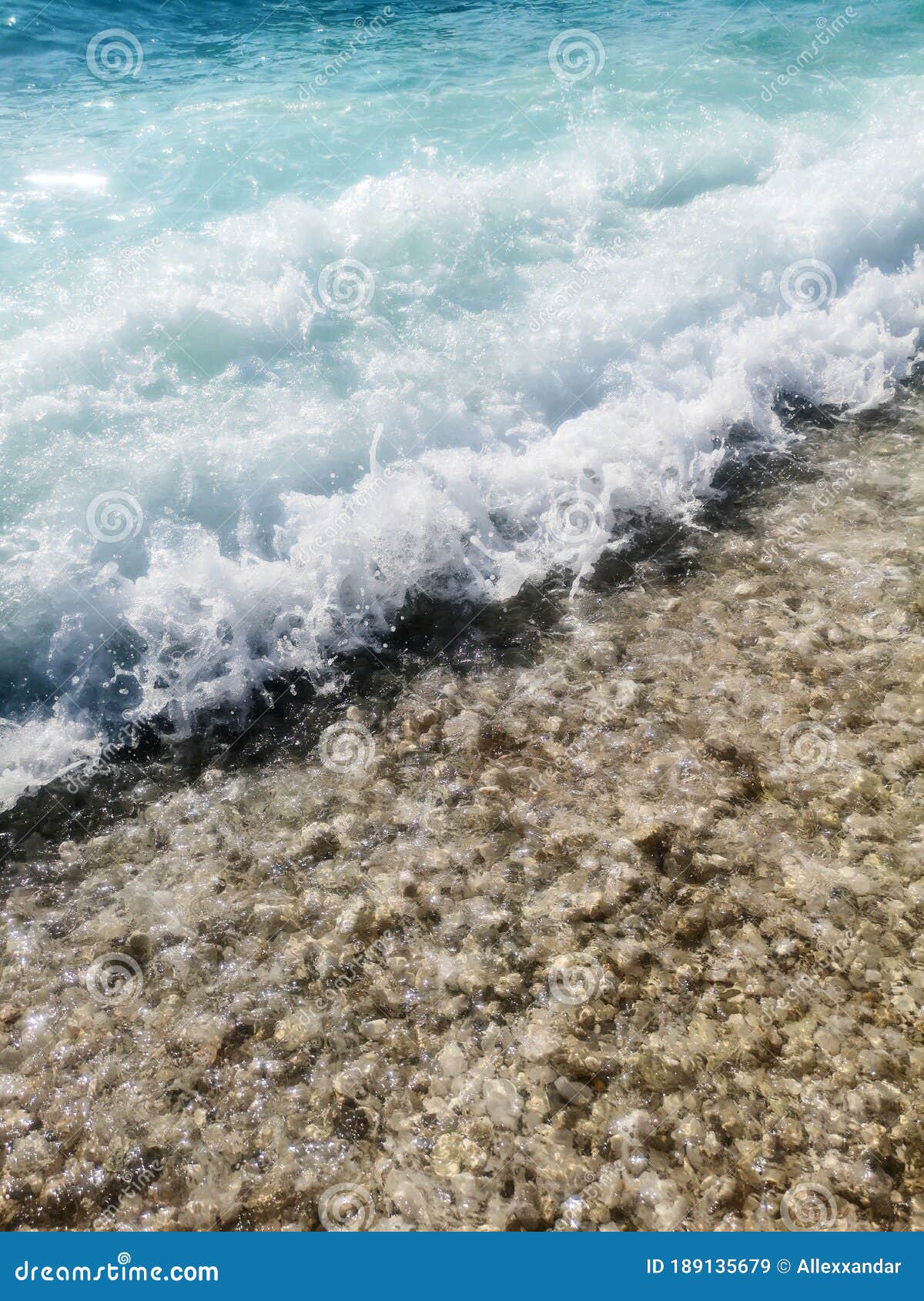 Breaking Wave of Blue Ocean on Pebbles Beach Summer Background Stock ...