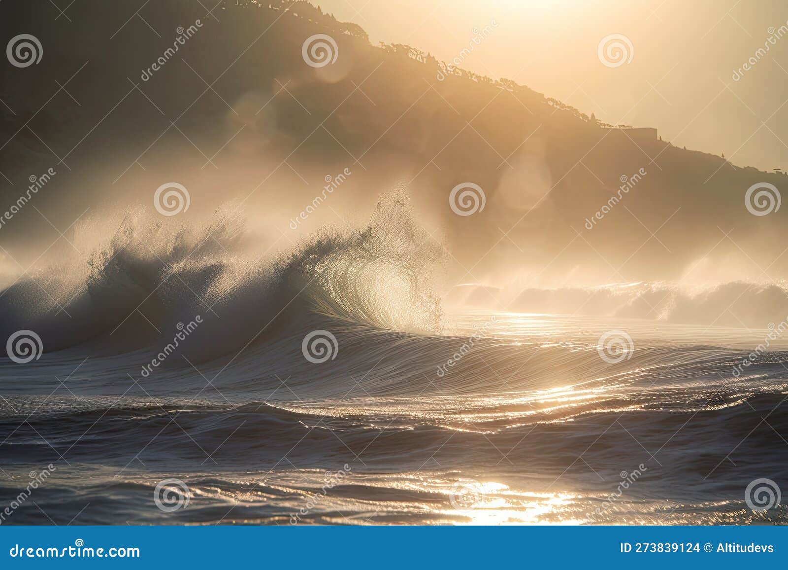 Breaking Wave, with Sun Shining through the Mist, Creating a Warm and ...