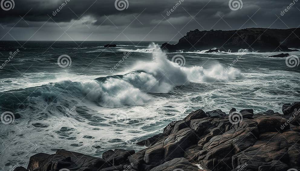 Breaking Waves Crash Against Dark Cliff, Dramatic Sky Above Generated ...