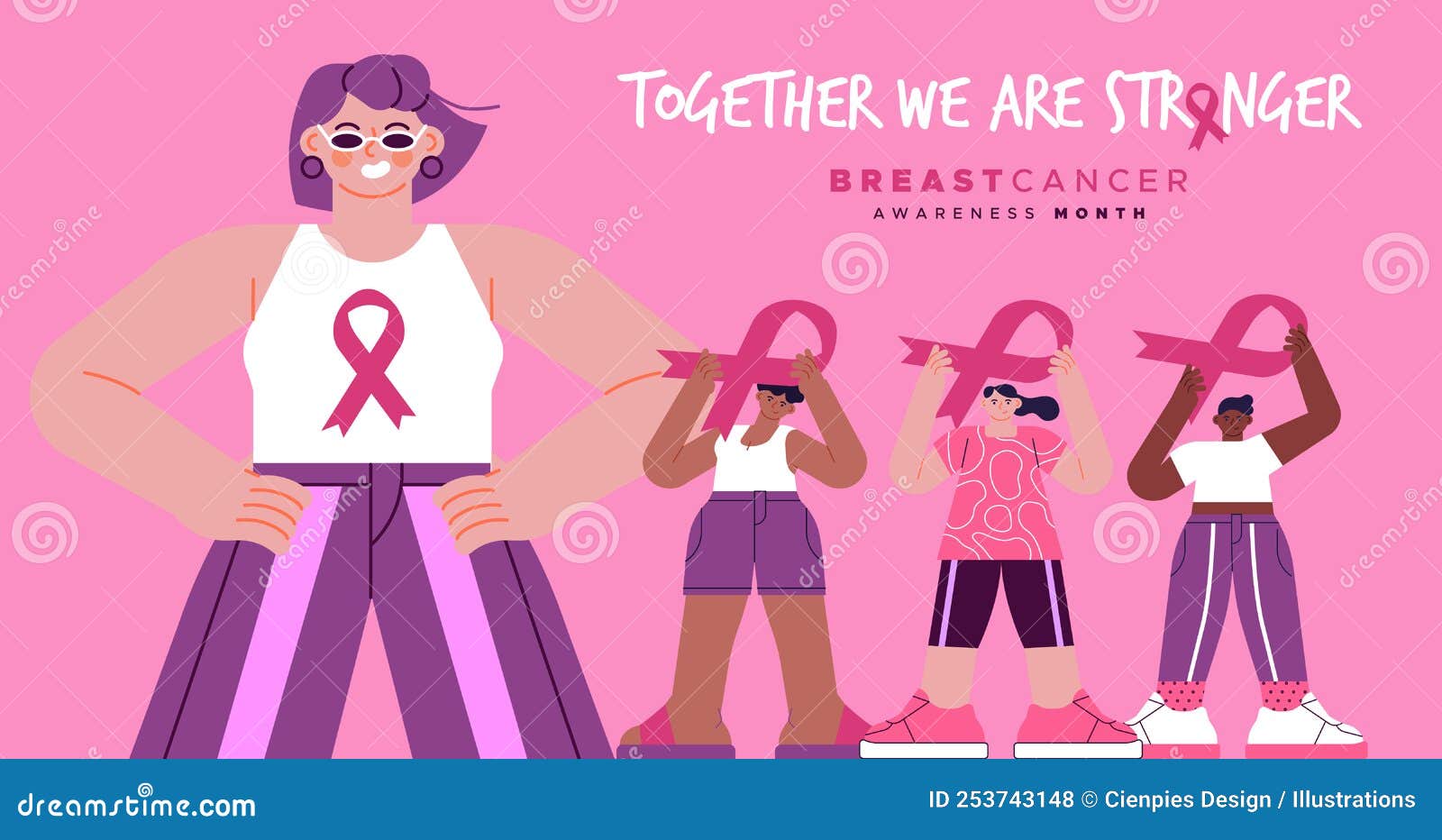 Breast Cancer Awareness Month Young Women Cartoon With Pink Ribbon