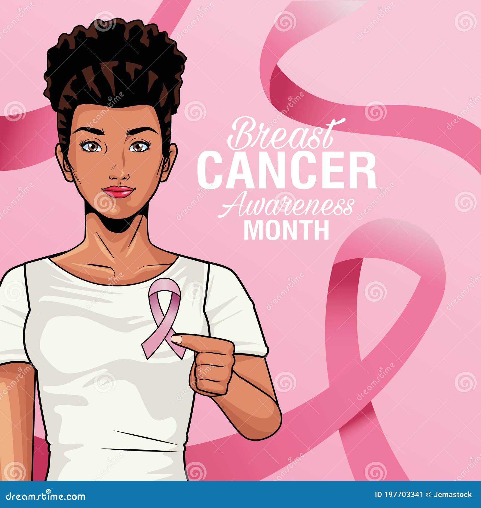 Breast Cancer Awareness Month Lettering With Woman Lifting Pink Ribbon