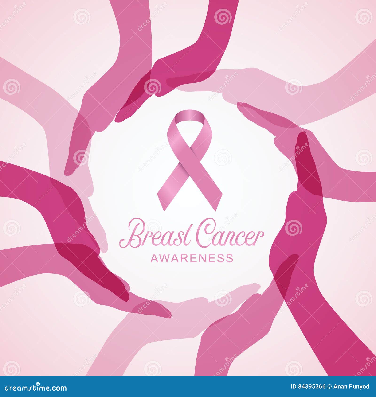 Breast Cancer Awareness With Pink Ribbon In Circle Hands Vector Design