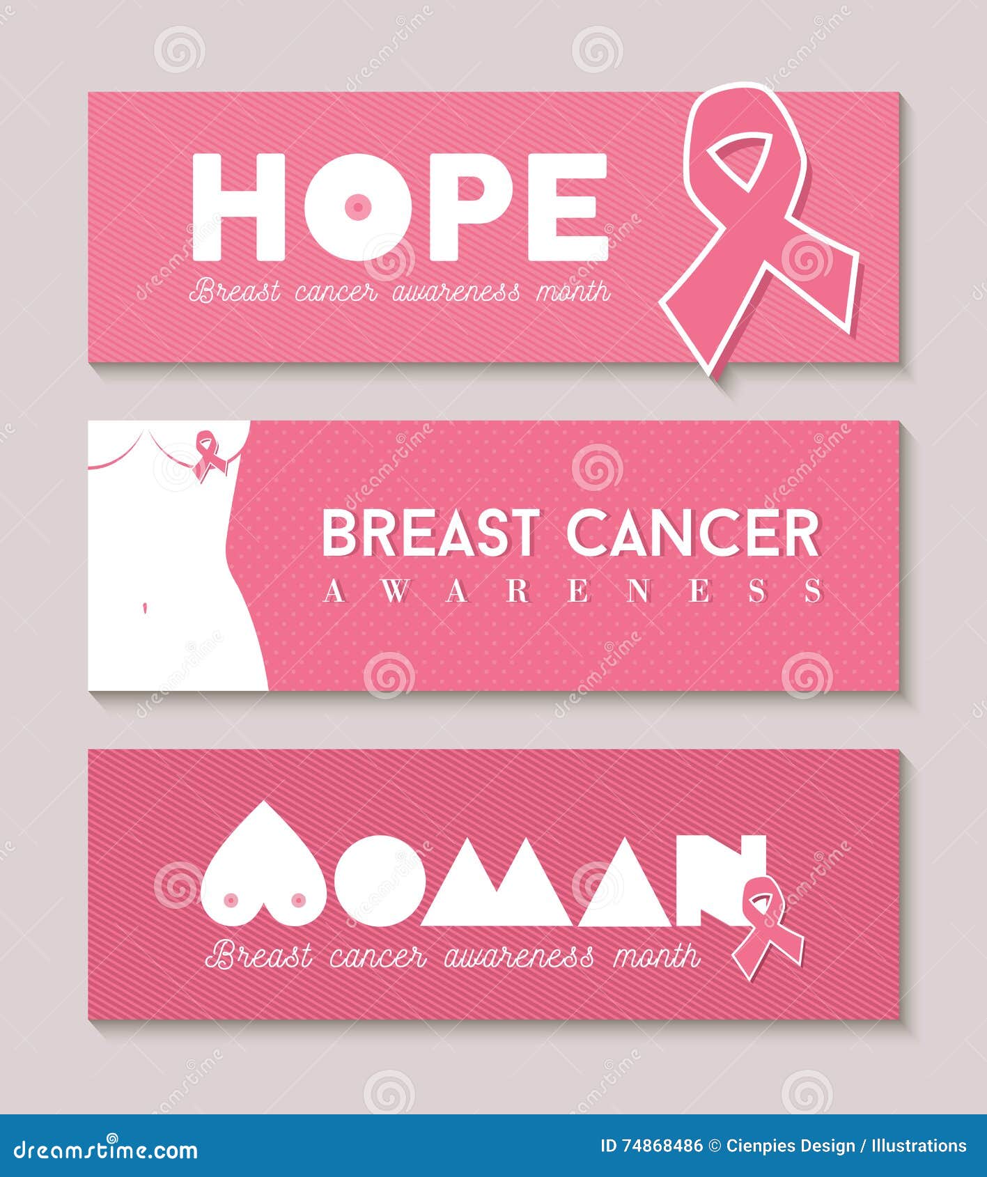 Breast Cancer Banner Set With Girl Body Silhouette Stock Vector