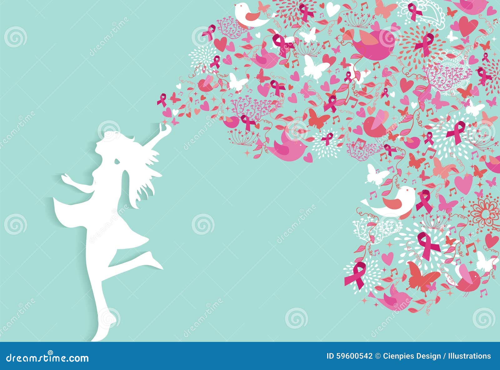 Silhouette Pink Woman With Ribbon Of Breast Cancer Vector Illustration