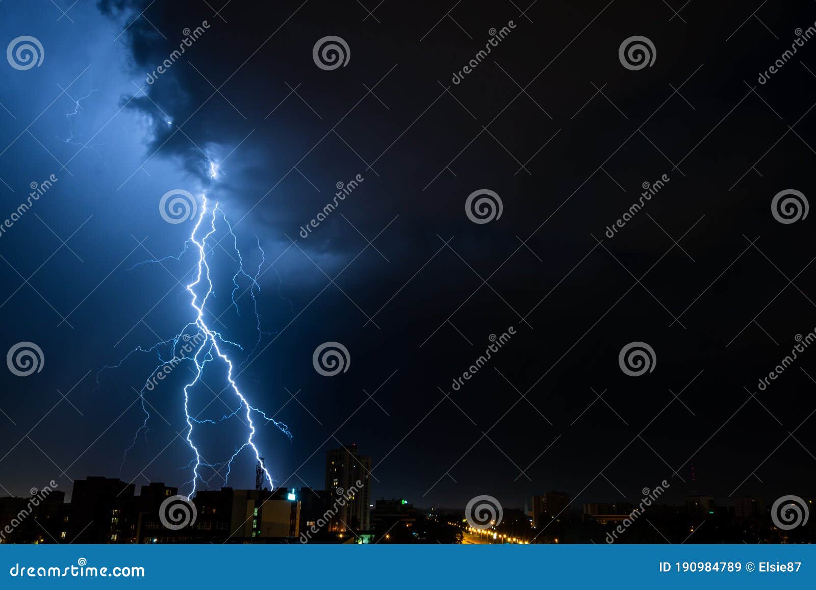 Bright Flash of Powerful Lightning in the City at Nighttime. Stock ...