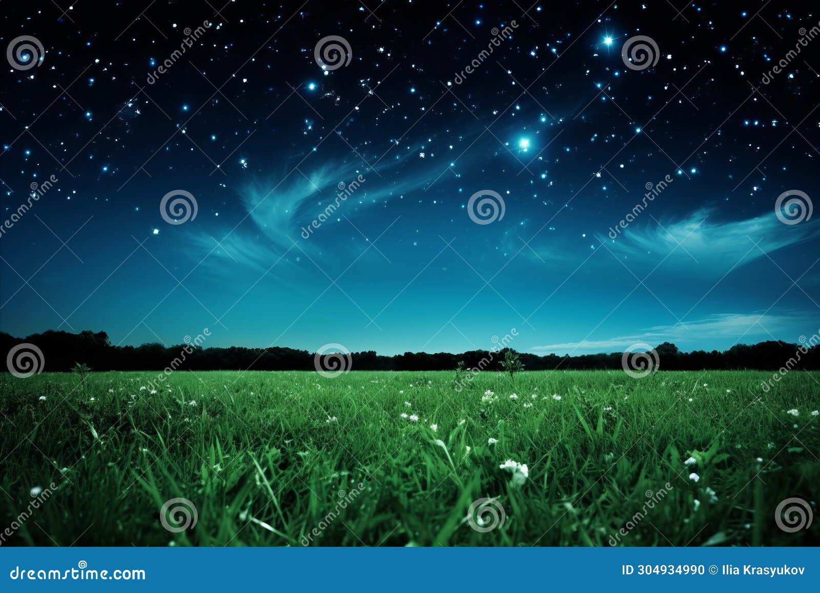 Breathtaking Meadow and Starry Night Sky Stock Illustration ...