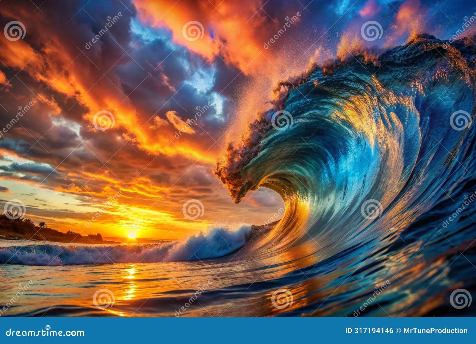 Breathtaking Scene of a Large Wave Breaking at Sunset Stock Photo ...