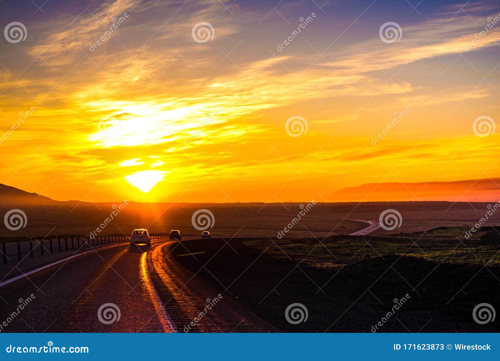 Breathtaking Sunset Scenery with the Golden Sky Over the Highway Stock ...