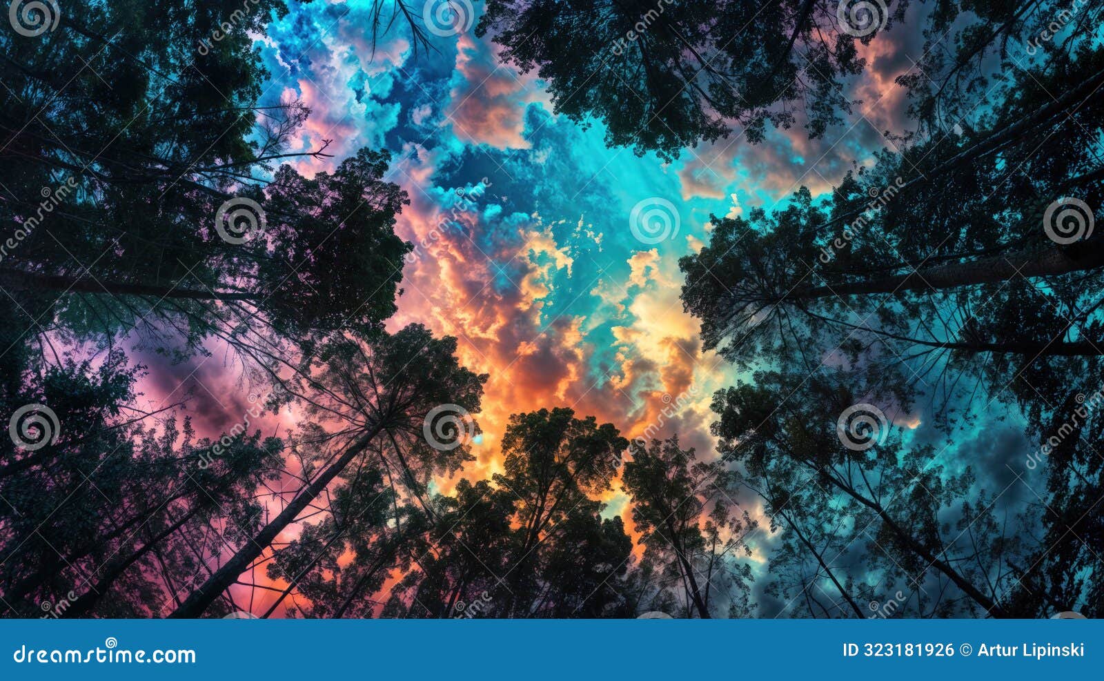 A Breathtaking Sunset Sky View through the Forest Canopy Stock ...