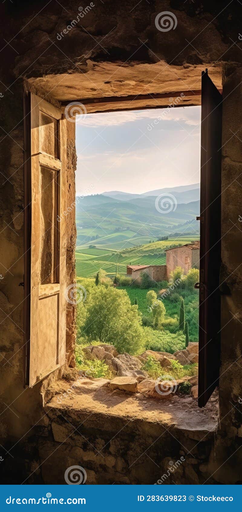Cinematic Tuscan Countryside View Through Open Window Royalty-Free ...