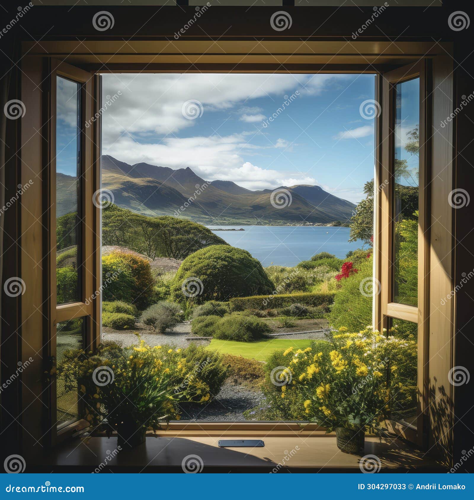 Open Window Overlooking Serene Lake and Majestic Mountains Stock Image ...