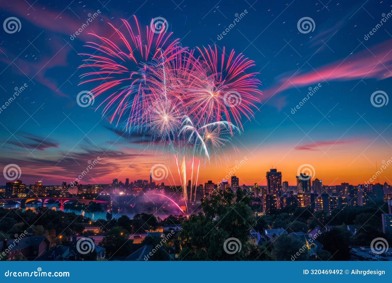 A City Skyline Illuminated by a Spectacular Fireworks Display Stock ...