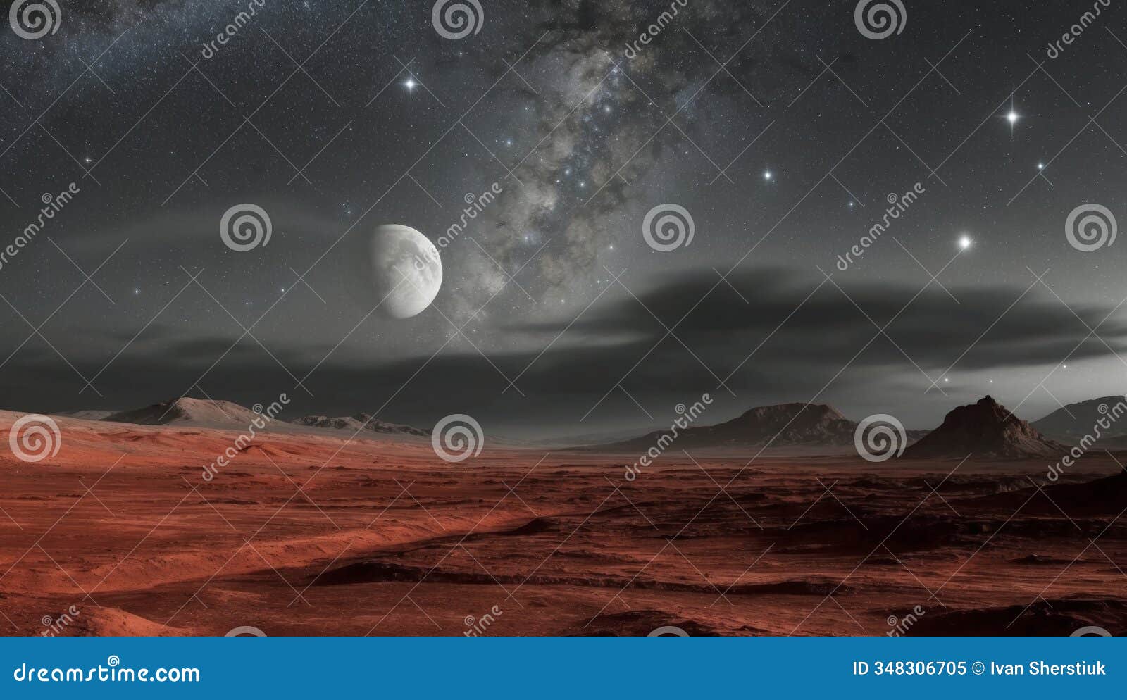 Breathtaking View of Mars Landscape Under a Starry Night Sky. Stock ...