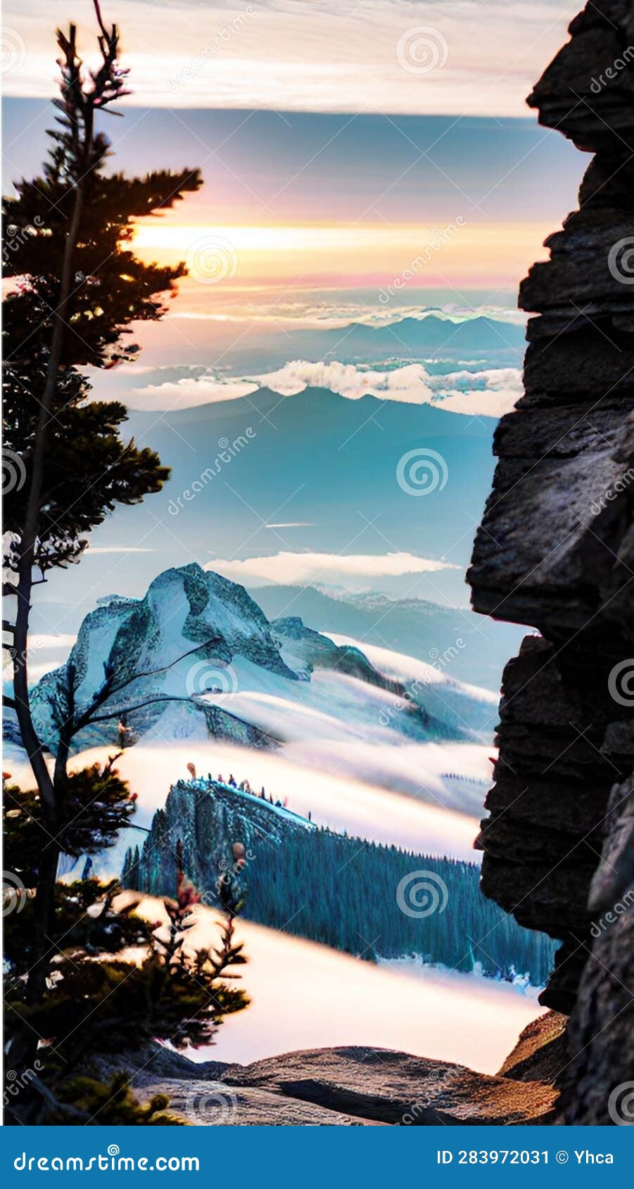 Breathtaking View From A Mountain Summit At Sunset Illustration ...