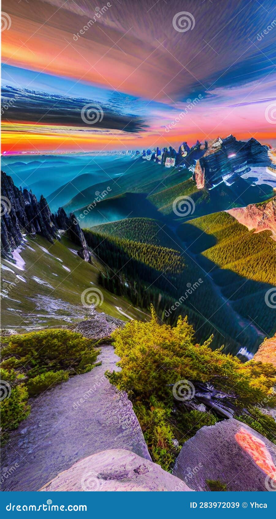 Breathtaking View From A Mountain Summit At Sunset Illustration ...