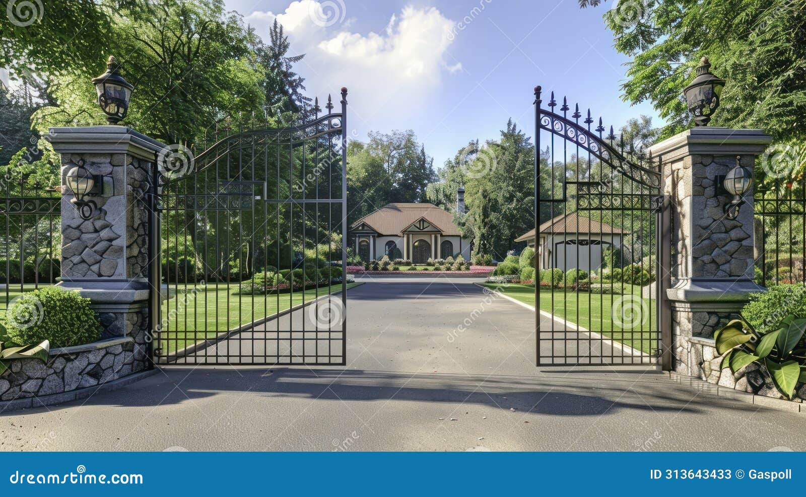 A Breathtaking View through Open Iron Gates Onto a Stately Driveway ...