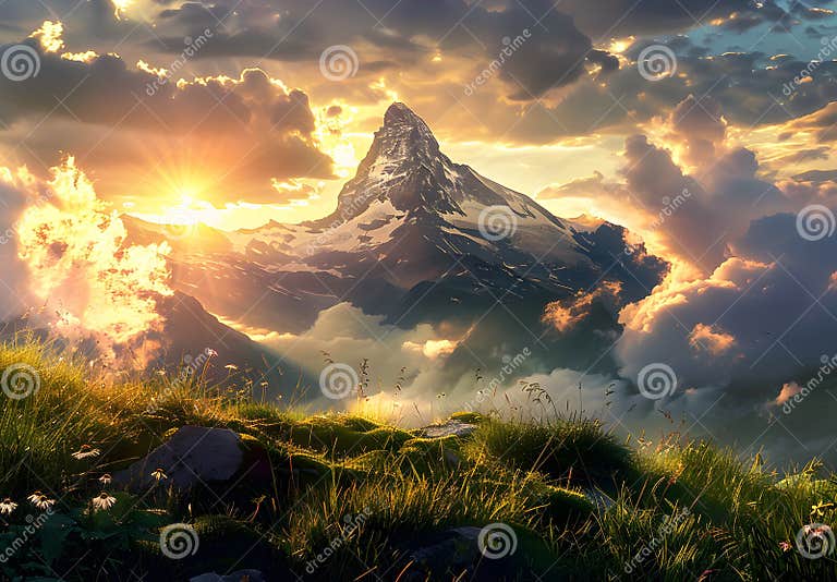 Majestic Matterhorn Sunset with Clouds Stock Illustration ...
