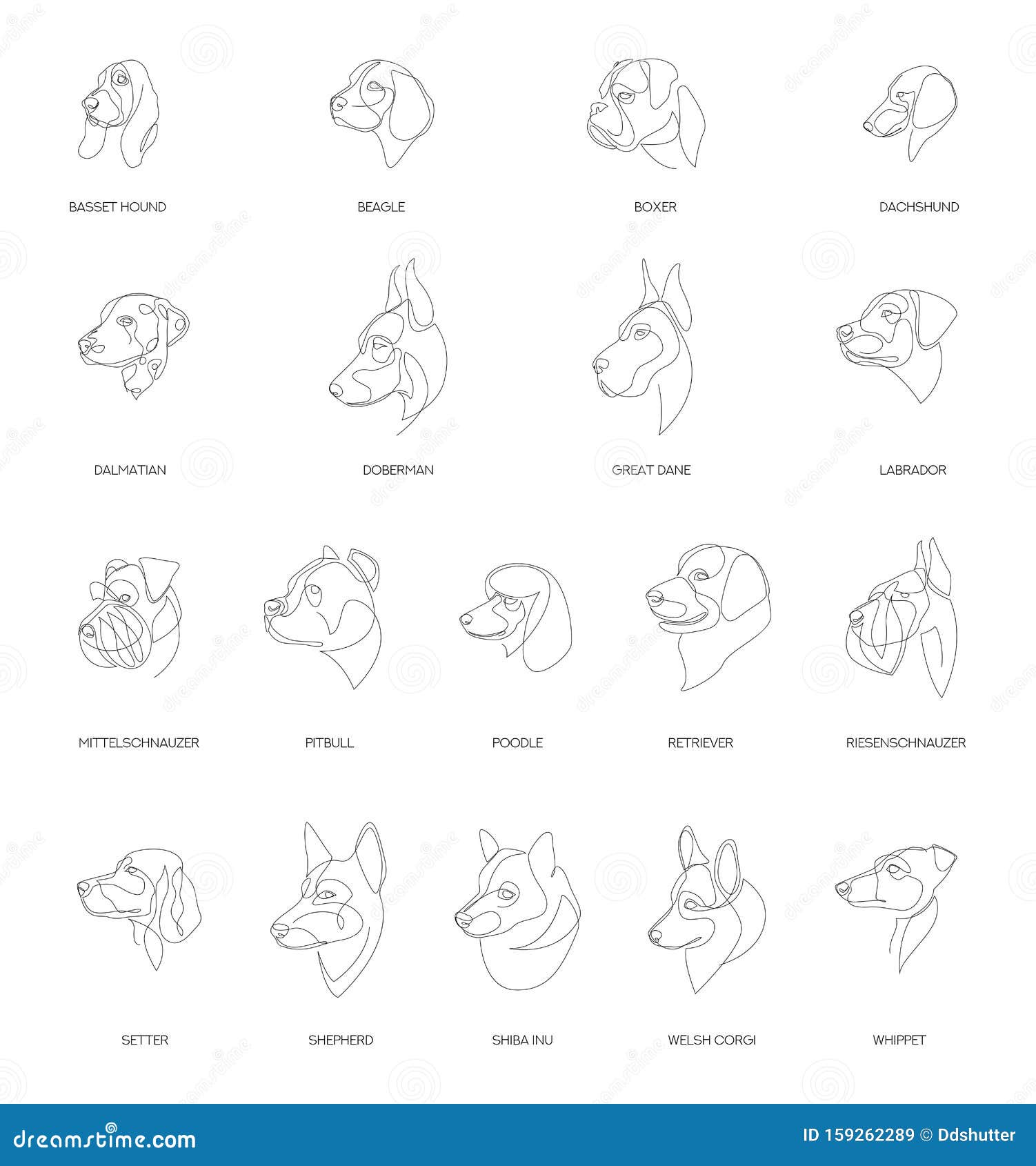 Breeds of Dogs Drawn in Minimal Style Set. One Line Dogs. Vector ...