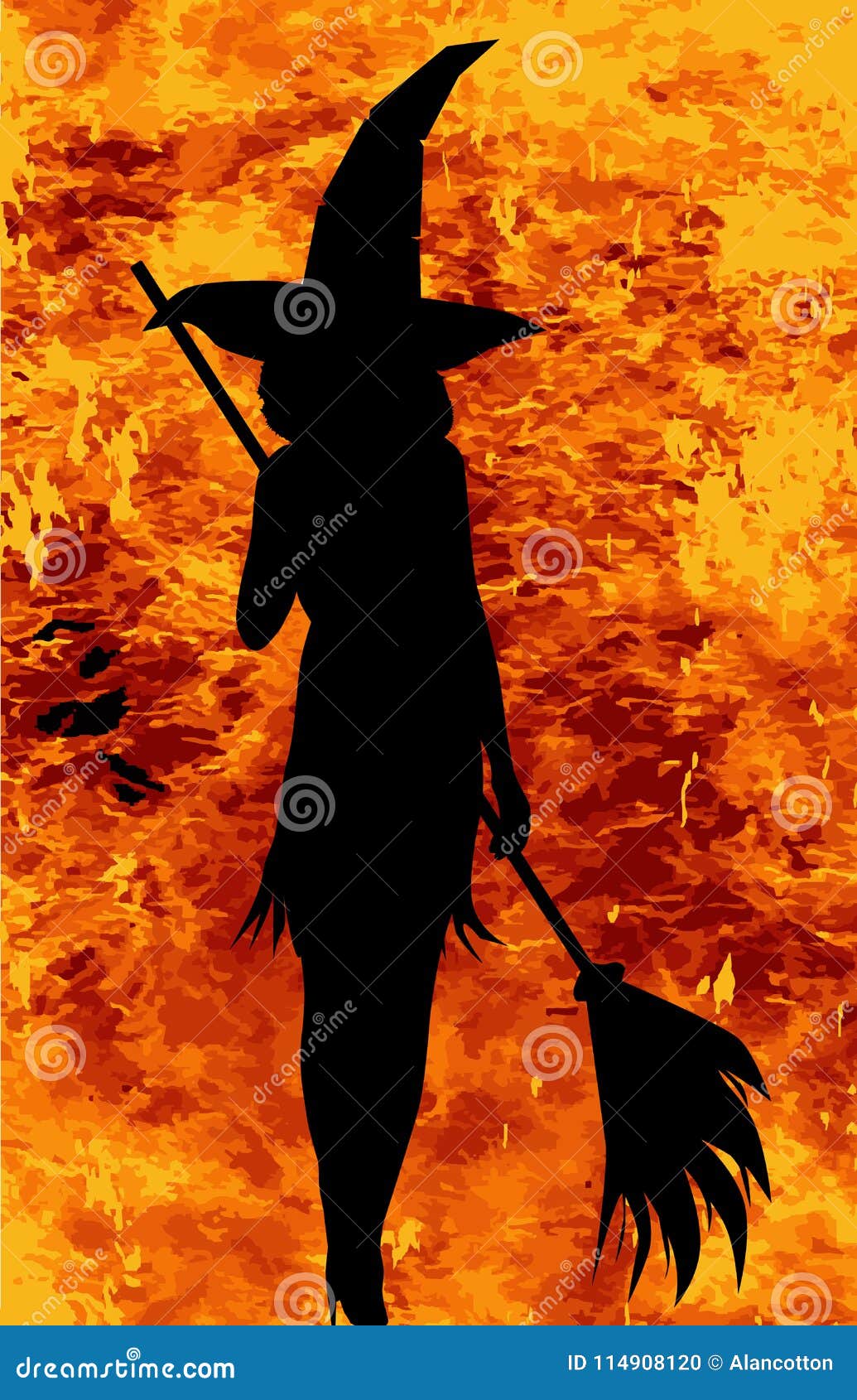 Brennendes Hexen-Schattenbild Mit Feuer-Hintergrund Vektor Abbildung ...