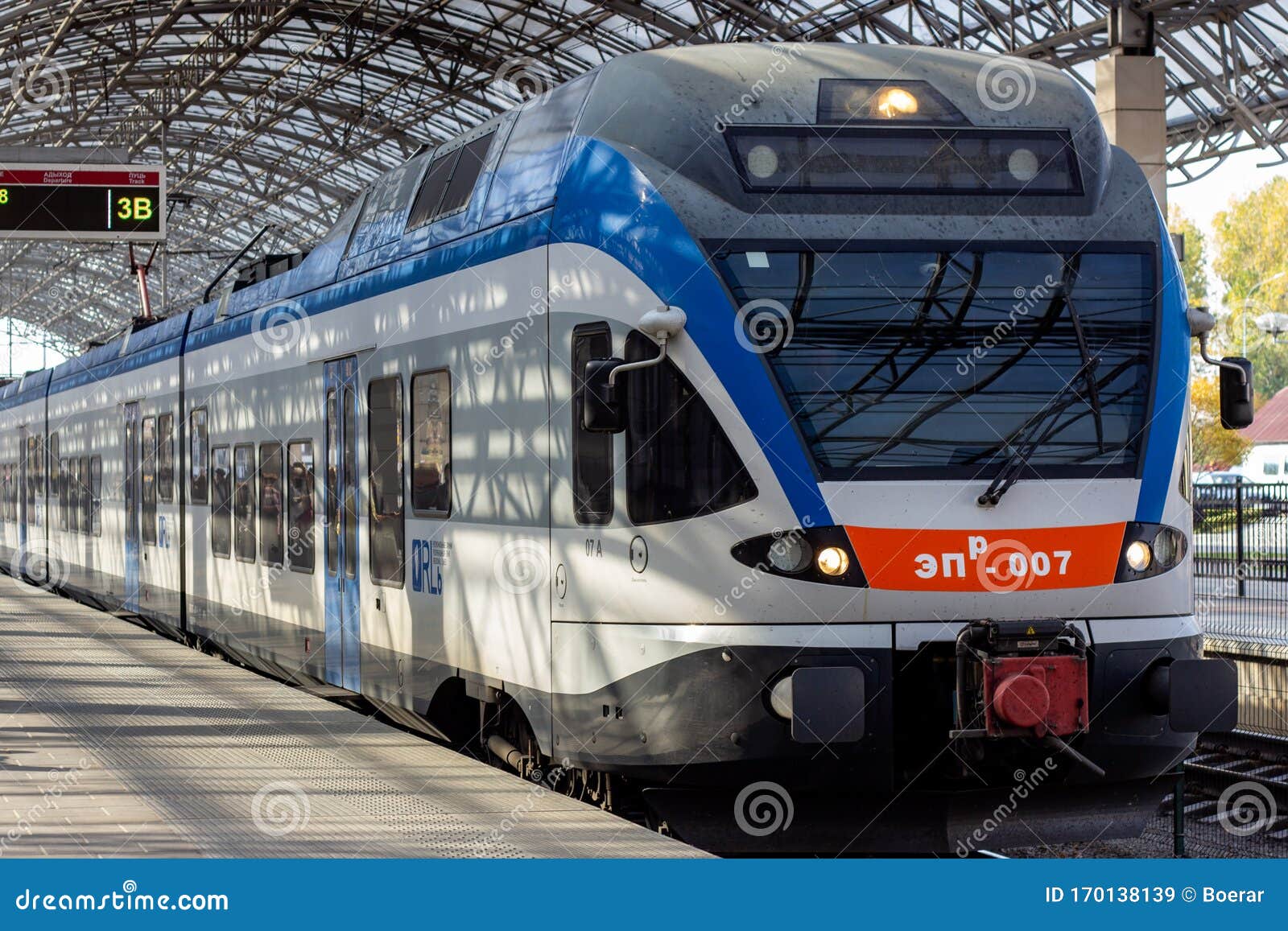 BREST, BELARUS - OCTOBER 18, 2019: Modern Blue Train on Railway Station ...