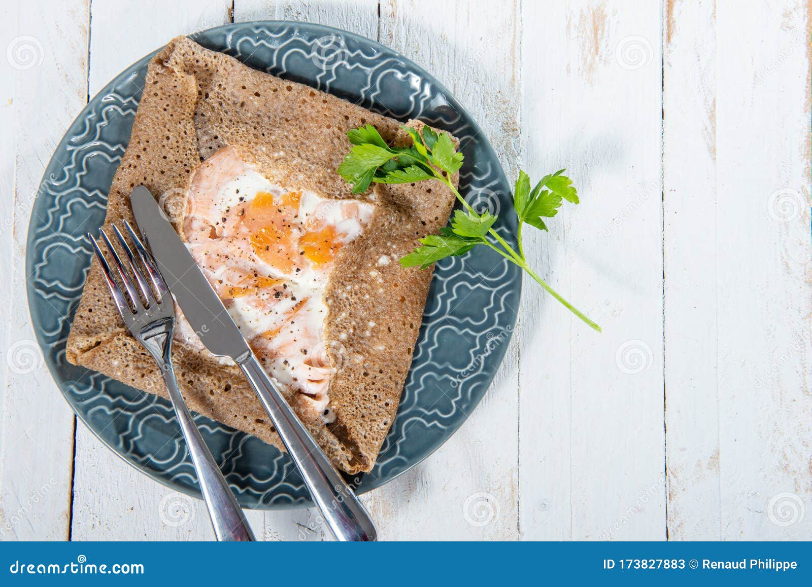 Breton Crepe with Egg in Blue Plate Stock Image - Image of gastronomy ...