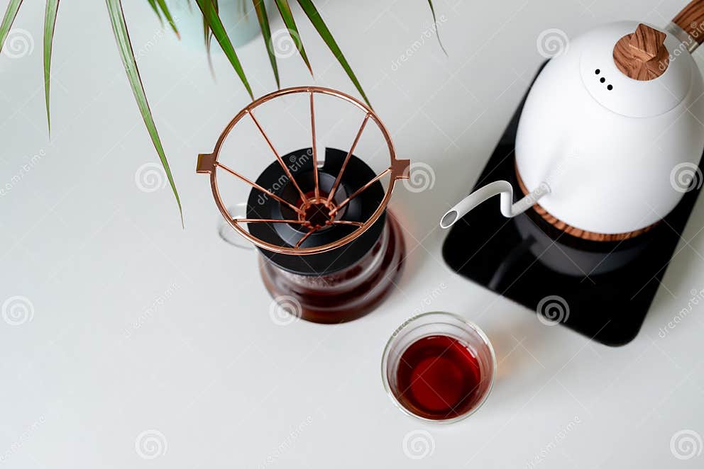 Brewed, Ground Coffee in a Drip Method, on a White Table. Manual ...