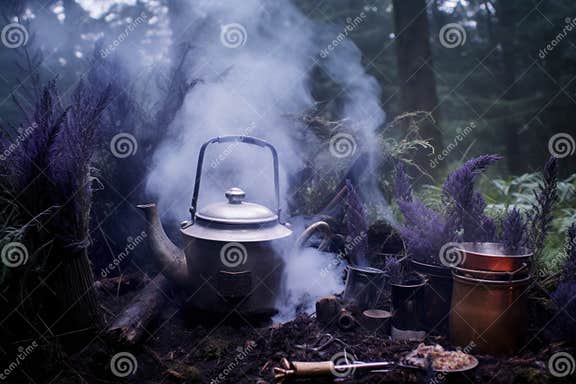 Brewing Lavender Tea in a Kettle with Campfire Smoke Stock Illustration ...