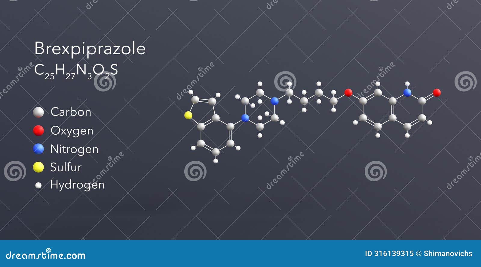 Brexpiprazole Molecule 3d Rendering Flat Molecular Structure With Chemical Formula And Atoms