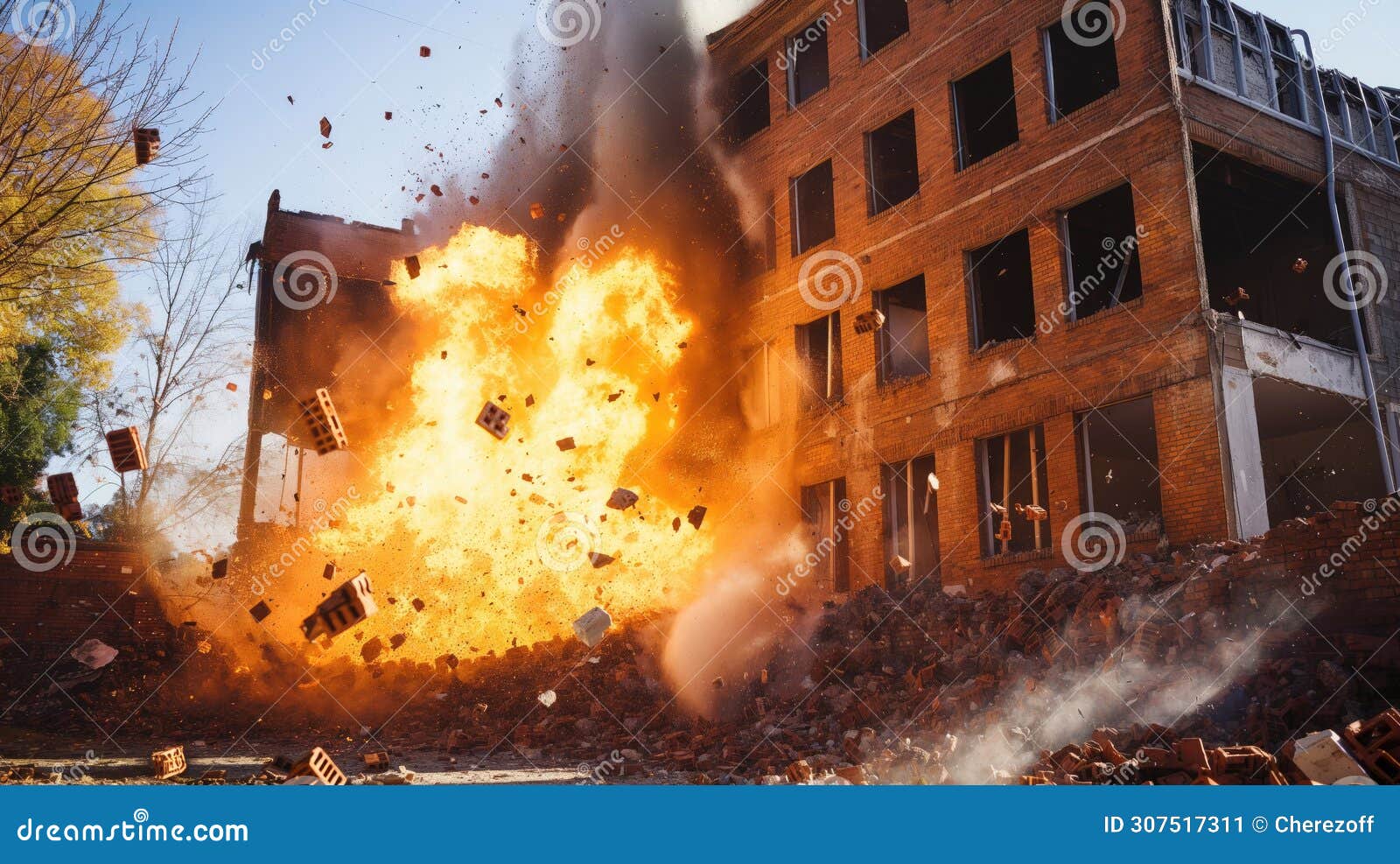 Brick building explosion stock image. Image of crumbling - 307517311