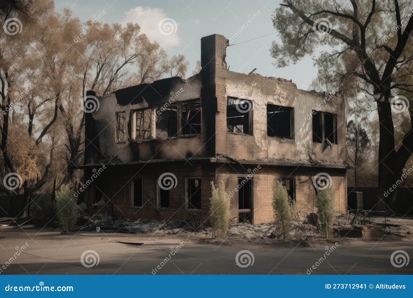Brick Building with Fire Damage, Surrounded by Scorched and Blackened ...