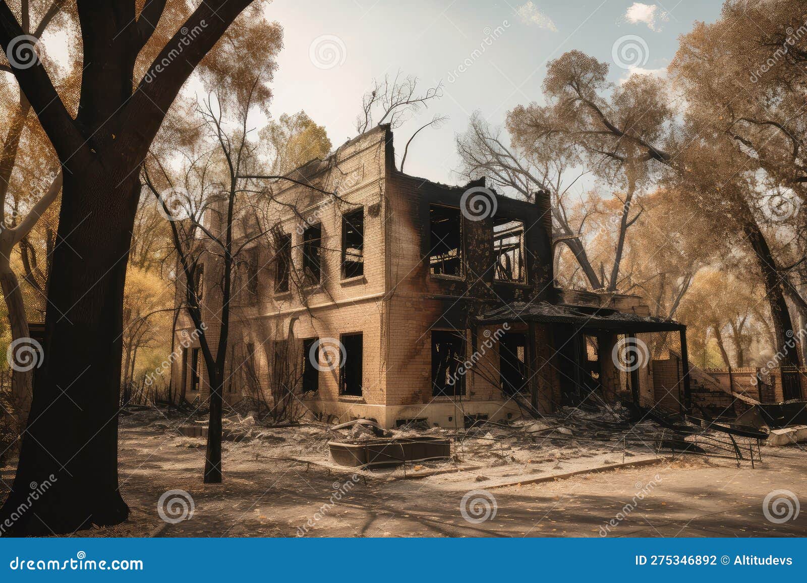 Brick Building with Fire Damage, Surrounded by Scorched and Blackened ...