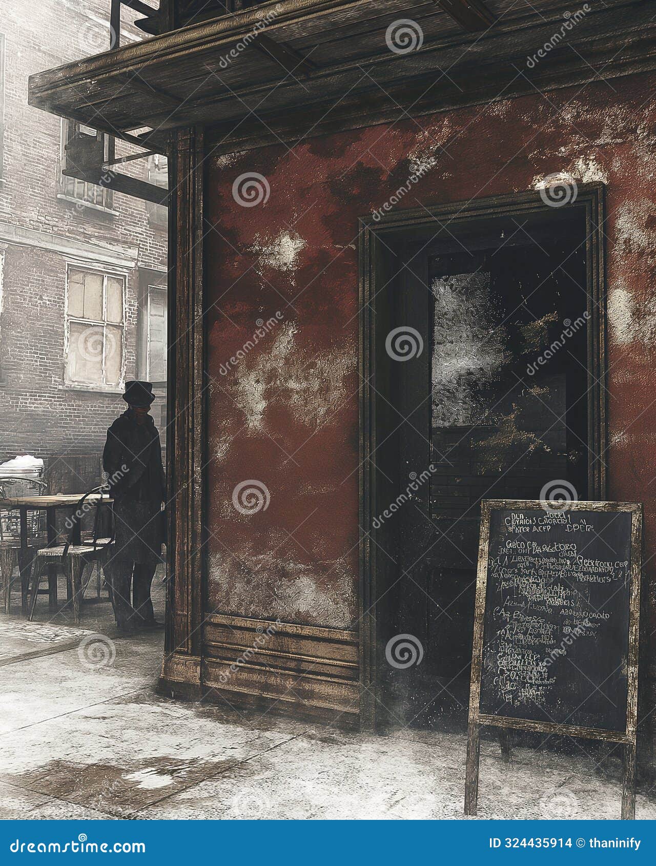 Man Standing Outside of a Restaurant with a Sign Stock Illustration ...