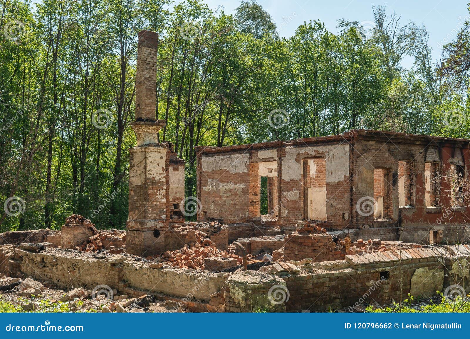 Brick Building after the Fire. Remains of the Chimney Stock Photo ...