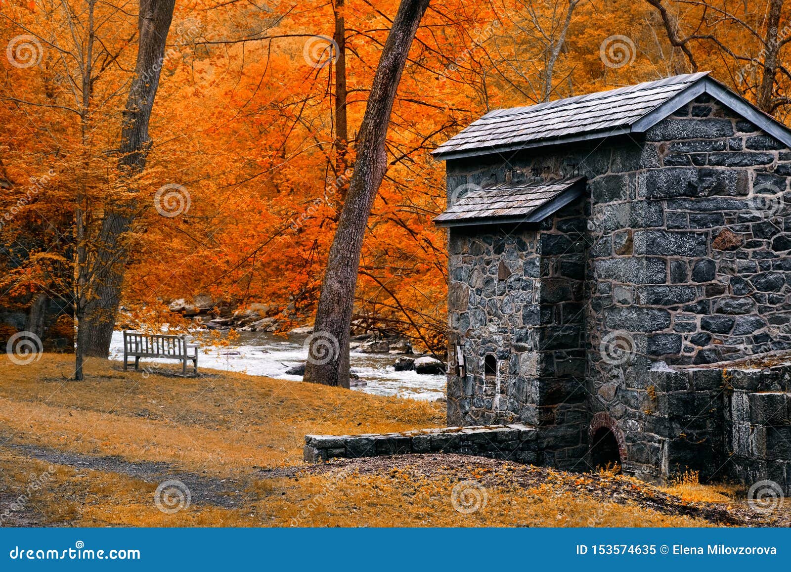 Landscape with Cabin, River and Autumn Trees. Stock Image - Image of ...